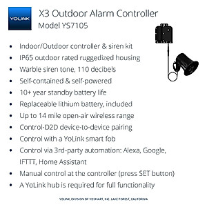 YoLink X3 Version Outdoor Alarm Controller, Ruggedized Battery-Powered Siren/Alarm/Relay Controller, Up to 1/4 Mile Range, 110dB Siren, Alexa, Google, IFTTT, Hub Required for Full-Functionality!