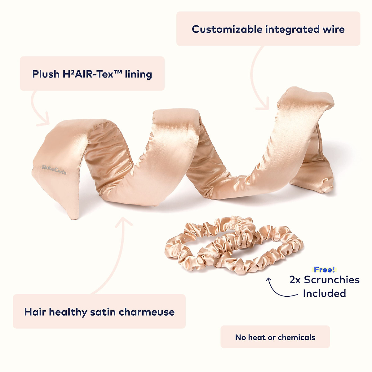 RobeCurls Heatless Hair Curler Set - Satin Curling Headband for Natural, No-Heat Curls - Sleep in Overnight Styling Tool with 2 Scrunchies for Women - Easy and Gentle on Hair (Cream)