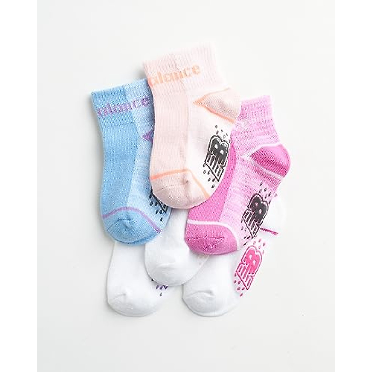 New Balance Baby Girls' Socks - 6 Pack Cushion Quarter Cut Socks Socks (Infant/Toddler), Size 12-24 Months, Pink/Blue/White