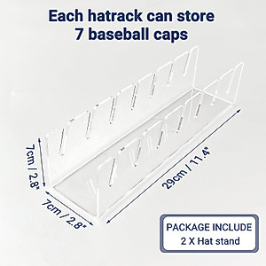 CHENYAOAI 2 Pack Hat Stand for Baseball Caps Display and Organizer, No Install Acrylic Hat Holder for 14 Baseball Caps for Bedroom, Closet, Dresser 2024 New (Clear)