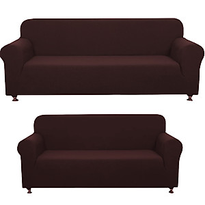 Sapphire Home 2-Piece Sofa and Loveseat Slipcovers, Couch and Loveseat Covers Set, Form fit Stretch, Wrinkle Free, Furniture Protector, Sofa Covers for Living Room, Polyester Spandex (Coffee)