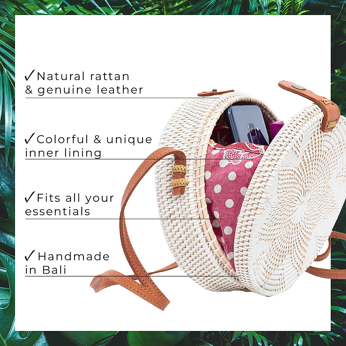 Novum Crafts Round Rattan Bag for Women - Handmade Rattan Straw Bags - Wicker Purse - Boho Bag - White Round Rattan Crossbody Beach Bags