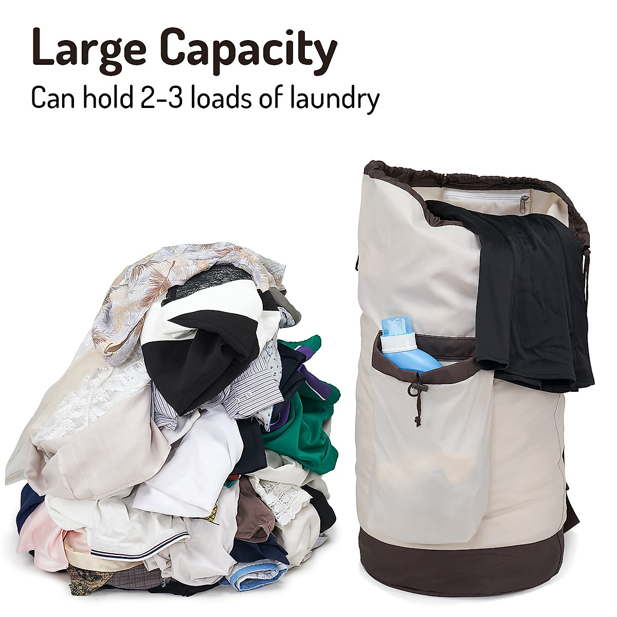 Laundry Bag Backpack for College, Large Laundry Bag with Detergent Holder and Adjustable Shoulder Straps, Durable Clothes Travel Laundry Backpack Hamper Bag Dorm Room Essentials (Khaki w Brown)