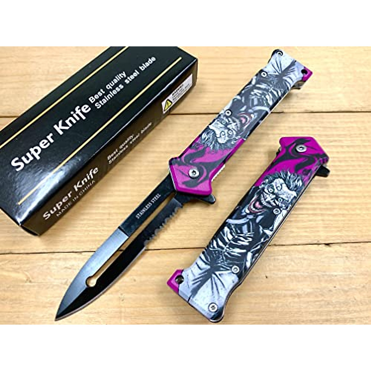 Super Knife 8'' Joker Pocket Knife Spring Assisted Folding Pocket Knife, EDC Tools, Pocket Clip, Camping Accessories, Multicolor
