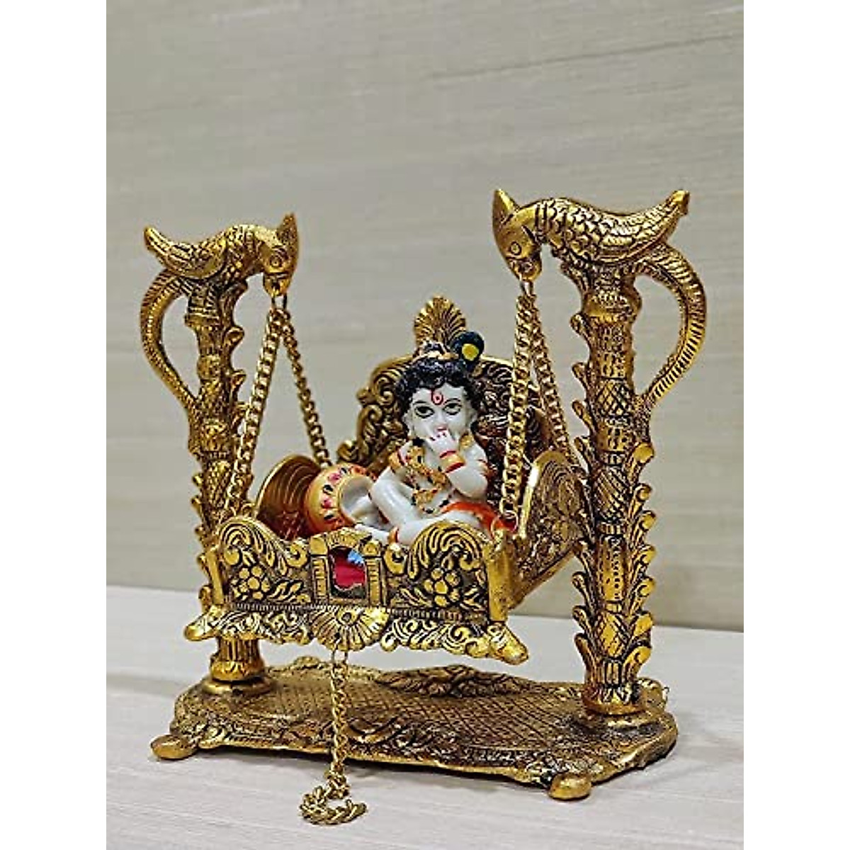 LAXMI Craft Lord Krishna Jhula Singhasan Indian Traditional Handicraft Antique Look Temple Arch/gate Design, Laddu Gopal Sofa with Jhula,Brass,17 x 10 x17 Cm (Metal JULLA with MARBAL Krishna)