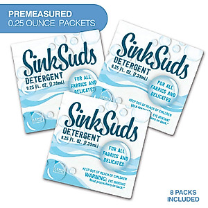 SinkSuds Travel Laundry Detergent Liquid Soap + Odor Eliminator for All Fabrics Including Delicates, Sink-Packets, 0.25 Fl Oz (Pack of 16)