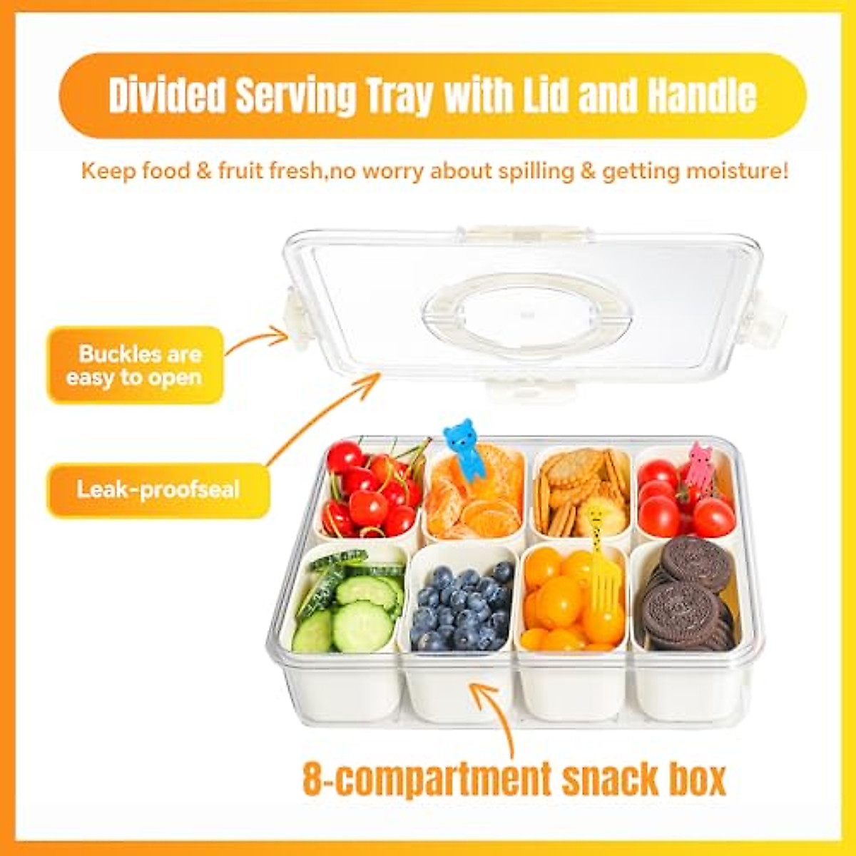 Divided Serving Tray with Lid 10 Forks 8 Compartment Snack Container Snackle Box Containers,Organizer Portable Handle for Parties, Fruits, Nuts, Outdoor Picnics (Style 1 with Animal Forks)