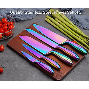Hollory Rainbow Kitchen Knife Set 5 Piece, Super Sharp German Stainless Steel Blade with 8 in Chef, 8 in Bread, 7 in Santoku, 5 in Utility, 3.5 in Paring - Gift Box
