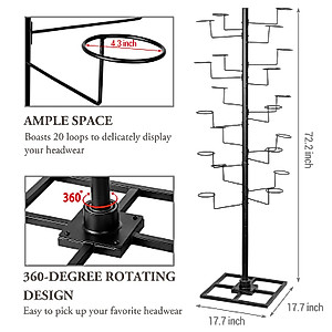 MyGift 6 Foot Modern Freestanding Black Metal Hat Organizer Rack, 360 Degree Rotating Wig or Cowboy Hat Display Stand with 20 Customizable Circular Hooks