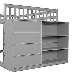 Harper & Bright Designs Bunk Bed Full Over Full with Storage, Wood Ful lSize Floor Bunk Beds with 4 Drawers and 3 Shelves for Kids, Low Multi Storage Bunk Beds Frame for Kids, Teens, Adults (Grey)