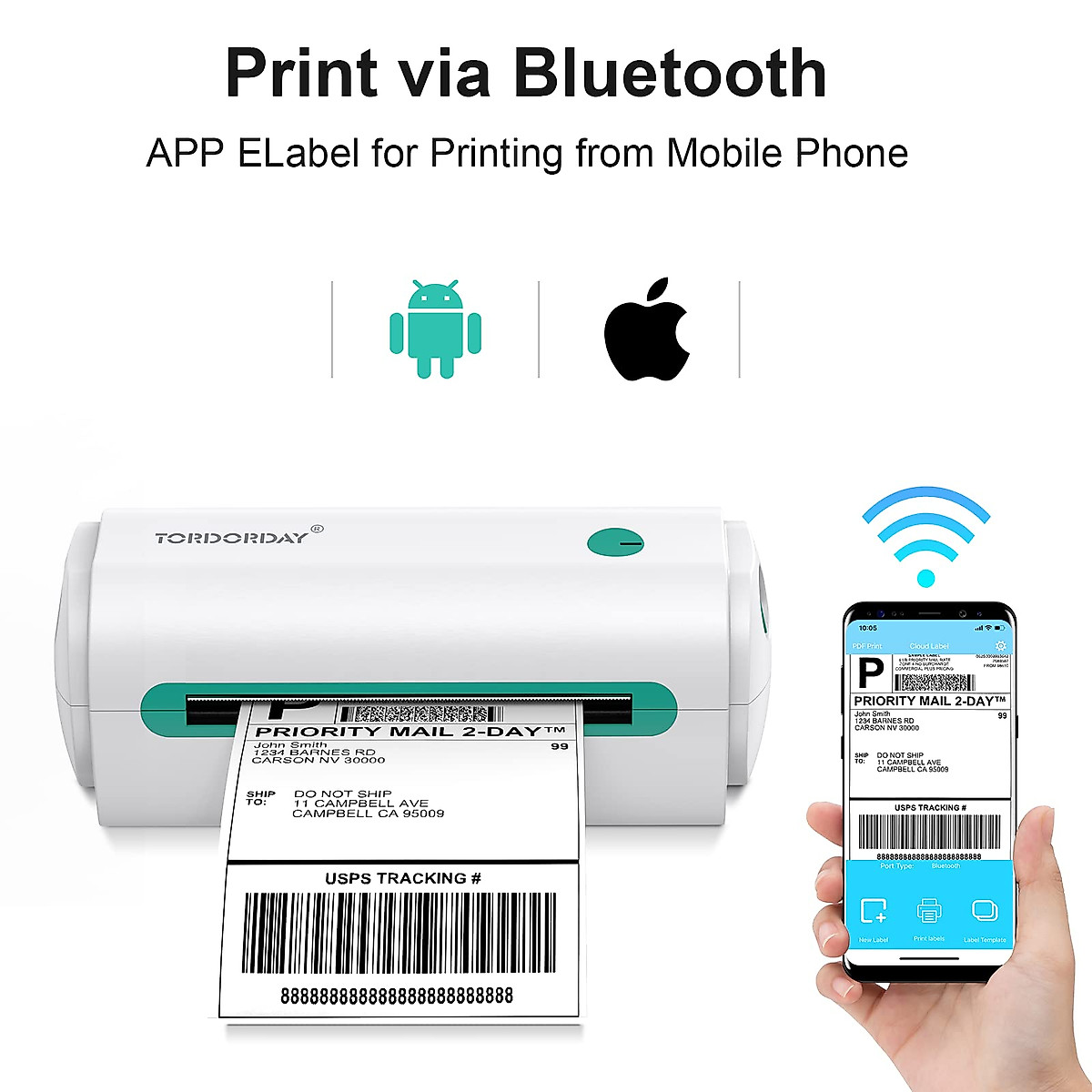 Tordorday Bluetooth Shipping Label Printer Work with App Elabel 4x6 Bluetooth Thermal Label Printer for Shipping Packages, Compatible with USPS, Shopify, Amazon, Ebay, FedEx