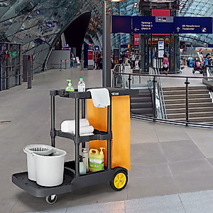 TUFFIOM Commercial Traditional Cleaning Janitorial 3-Shelf Cart, 500 Lbs Capacity Housekeeping Cart, 42.5" L x 18.7" W x 37.6" H, Wheeled with 22 Gallon Yellow VinylBag and Cover w Lid, Black