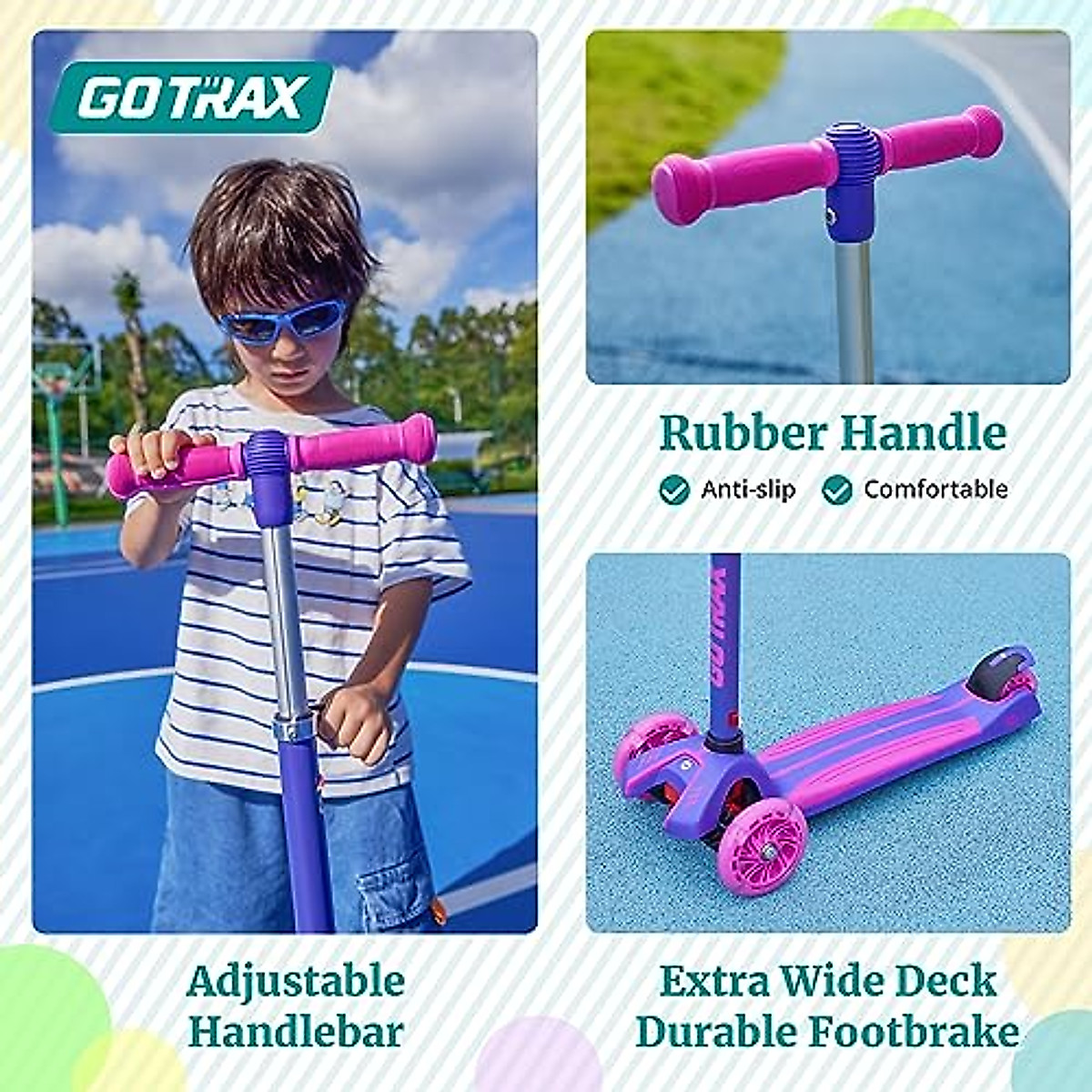 Gotrax KS1 Kids Kick Scooter, LED Lighted Wheels and 3 Adjustable Height Handlebars, Lean-to-Steer & Widen Anti-Slip Deck, 3 Wheel Scooter for Boys & Girls Ages 2-8 and up to 100 Lbs (Purple)