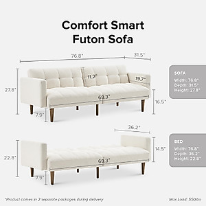 mopio Aaron Couch, Small Sofa, Futon, Sofa Bed, Sleeper Sofa, Loveseat, Mid Century Modern Futon Couch, Sofa Cama, Couches for Living Room, Bedroom (Pearl White, Boucle)