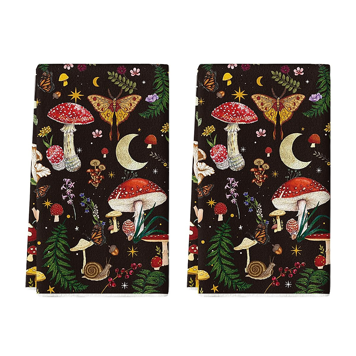 Artoid Mode Black Modern Mushroom Kitchen Towels Dish Towels, 18x26 Inch Cute Botanic Farmhouse Decoration Hand Towels Set of 2