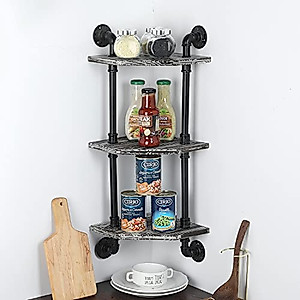MyGift Wall Mounted 3 Tier Rustic Torched Solid Wood Corner Shelf Unit, Hanging Display Bathroom Shelves with Industrial Metal Pipe Frame