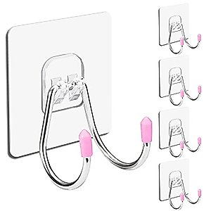 CGBE Adhesive Hooks, 5PCS Wall Hooks for Hanging Heavy Duty 13LB Clear Seamless Dual Head Self Sticky Hooks, Waterproof and OilProof Large Removable Hooks for Kitchen Bathroom Shower Use