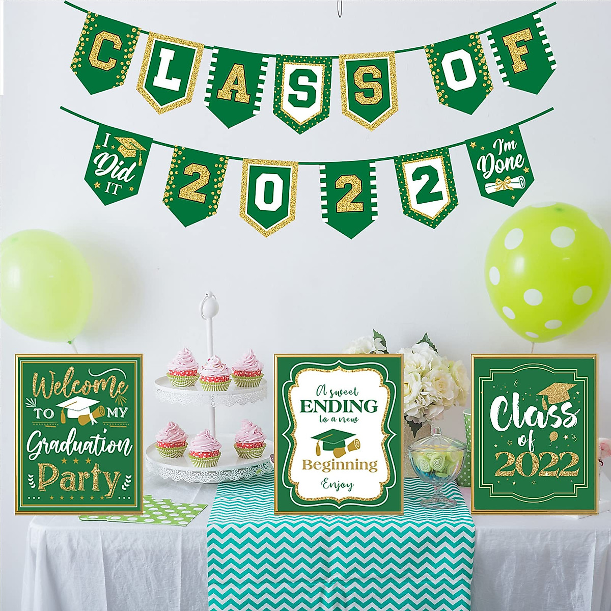 Graduation Party Decoration Set Congrats Grad Banner Class of 2022 Sign Party Supplies Centerpieces Decorations for High School Party (Green 2022)