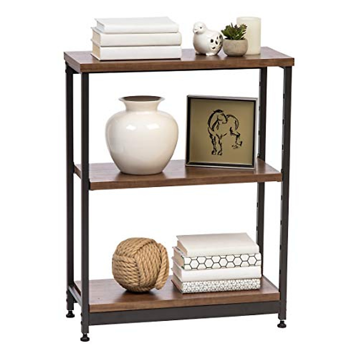 IRIS USA, Inc. 24.6" 3-Tier Wide Wood and Metal Shelf, Sturdy Home Décor Storage Rack with Height Adjustable Shelves and Feet, Dark Brown/Black