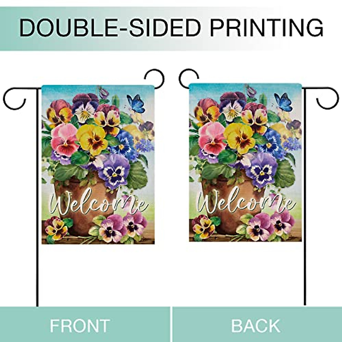 Hzppyz Welcome Spring Pansy Floral Garden Flag Double Sided, Flower Pot Arrangement Decorative House Yard Lawn Outdoor Small Decor, Summer Holiday Butterfly Farmhouse Home Outside Decorations 12 x 18