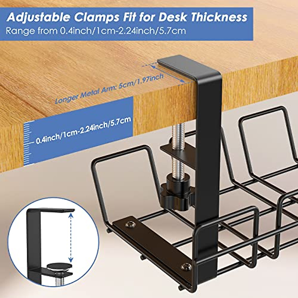 Under Desk Cable Management Tray, No Drill, 15.7'' Under Desk Cord Organizer with Clamp Cable Tray, Metal Under Desk Wire Management Wire Organizer Cord Management Tray for Desk, Classic Black