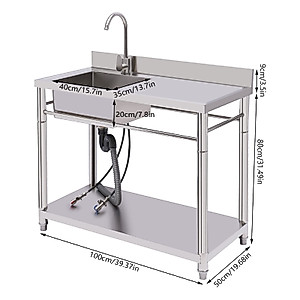 Stainless Steel Sink, Free Standing Single Bowl Commercial Kitchen Sink Kitchen Sink with Faucet & Shelf Kitchen Prep Outdoor Unity Sink for a Laundry Room Garage 31.5” x 39.37” x 19.68”