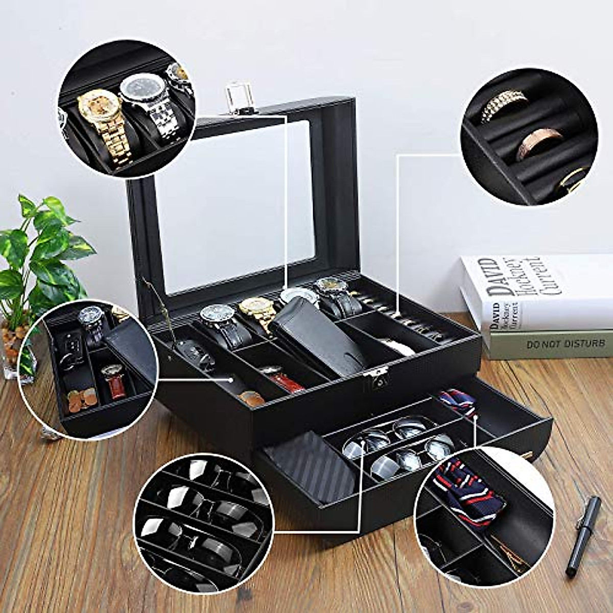 Homde Fathers Day Gifts - Watch Box Arc Display Case Carbon Fiber Jewelry Organizer Luxury Sunglasses Holder with Drawer, Glass Top and Lock for Men Women