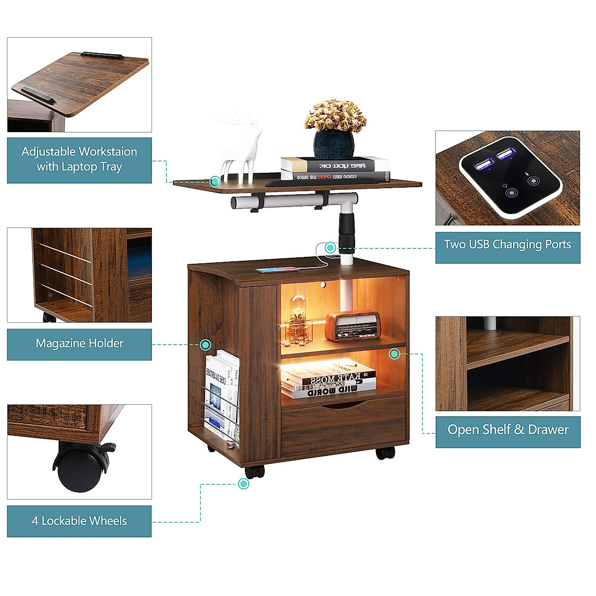 dnbss LED Nightstand with Charger Station, Swivel Top Bedside Table with Wheels, Smart Night Stand with Laptop Table Workstation for Bedroom, Modern End Side Table (Brown)