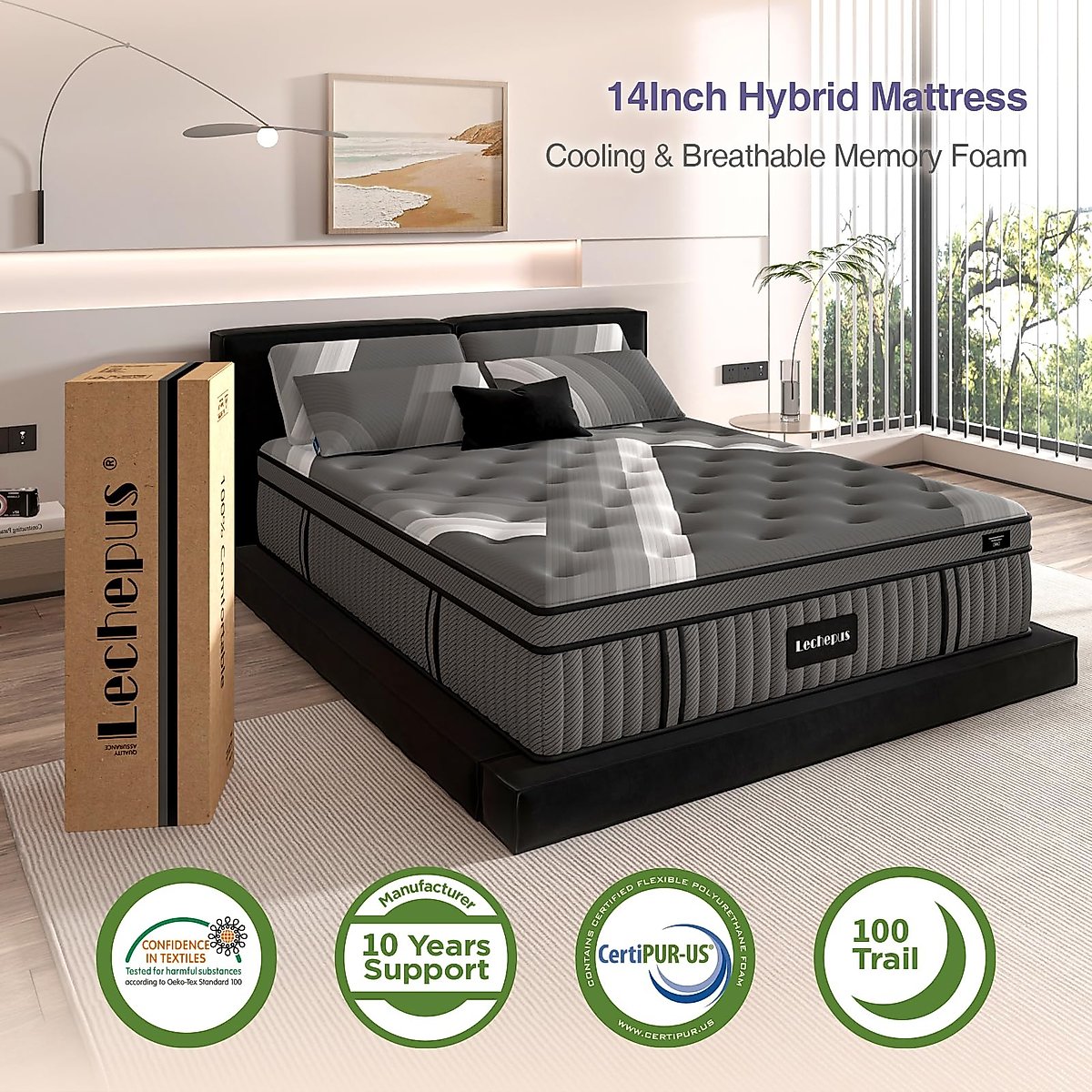 Lechepus Queen Mattress, 14Inch Plush Soft Memory Foam Hybrid Mattress, Queen Size Memory Foam with Pocket Spring Mattresses, Supportive Mattress in Box for Pressure Relief, CertiPUR-US, 10 Years