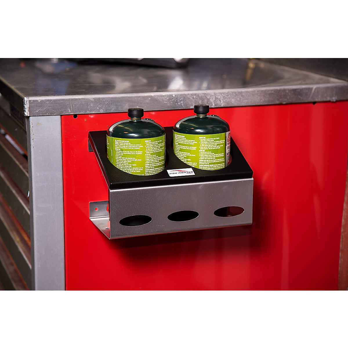 Fish Fighter Camping Propane Tank Holder | Mini Propane Bottle Rack - 2 Bottle Holder | Wall Mounted - Holds Two 16oz Propane Tanks