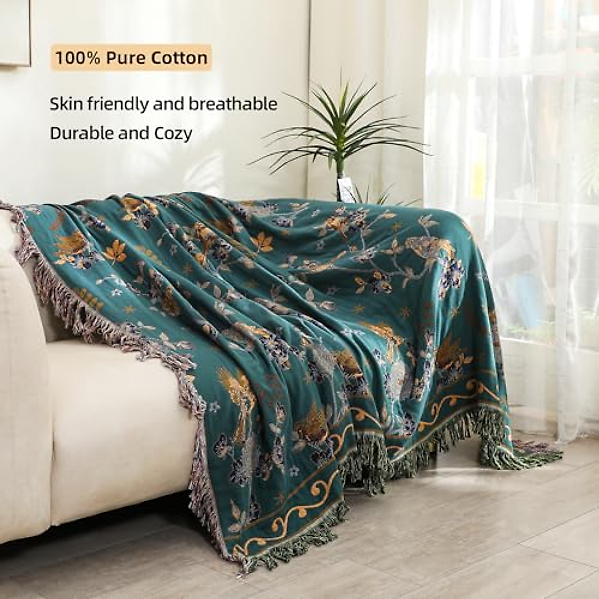 VANJOROY Boho 100% Cotton Large Throw Blanket - All Season Rustic Ultra Soft Breathable Floral Bird Blanket for Bed Sofa Couch Chair Bedspread Quilt Gift, 60" x 80"-Teal,Beige
