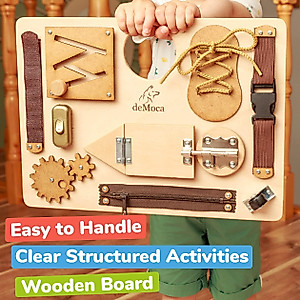 deMoca Montessori Busy Board for Toddlers, Wooden Toy with 10 Educational Activities to Develop Fine Motor Skills, Airplane & Car Travel Toy for Boys & Girls - Packaging May Vary