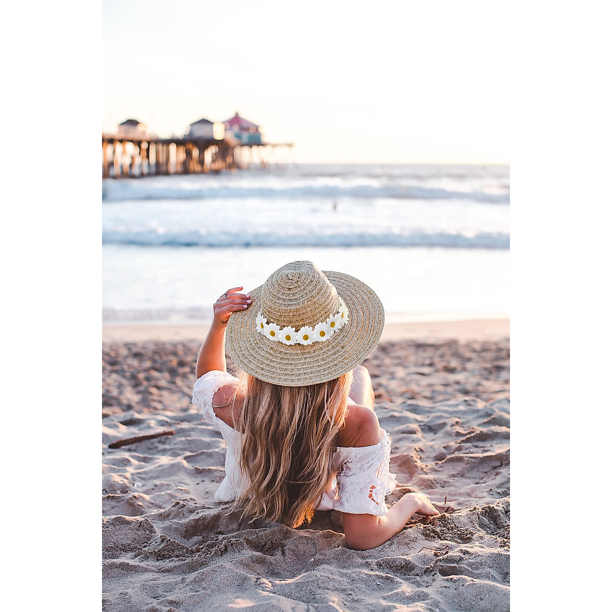 WOVOWOVO 2 Packs Daisy Flower Crown Headbands For Women Baby Girl, Sunflower Hippie Hair Accessories Fall Floral Crowns Hair Bands Handmade Bridal Headpiece Photo Props Party Vacation (White)