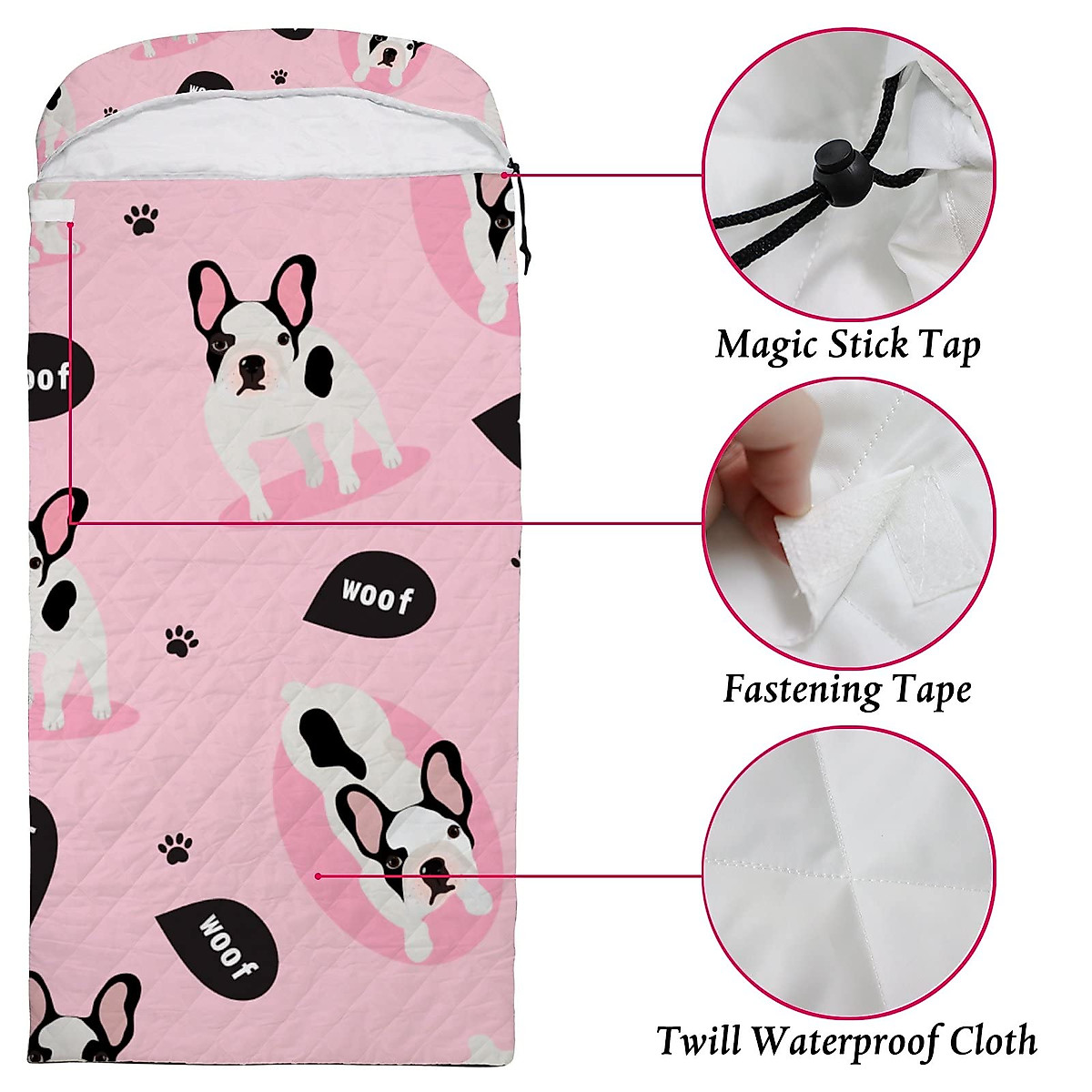 Portable Sleeping Bag Cute Dog Puppy Animal Pink Sleep Bag Cover Mat for Travel Camping Hiking Women Men Adult 3 Seasons