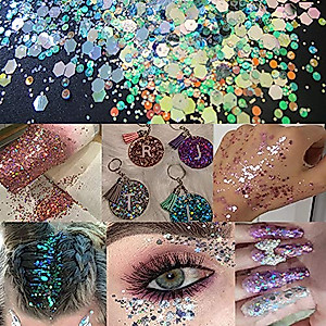 LuckForever 12 Colors Chunky Body Glitters Iridescent White Pink Purple Hexagon Nail Glitters Sequins Flakes Powder for Acrylic Nails Crafts Paints Resin Cosmetics