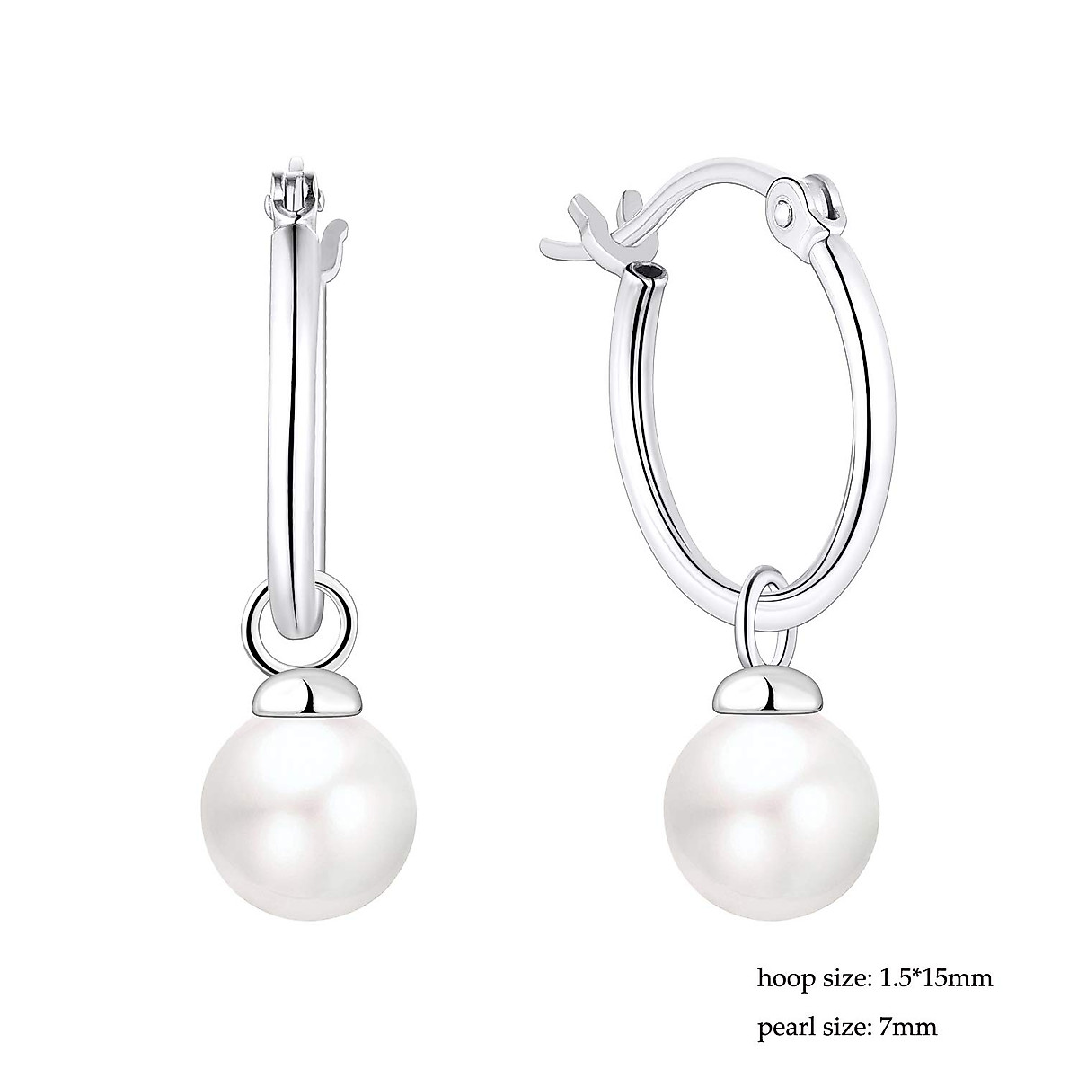 JO WISDOM 925 Sterling Silver Simulated White Shell Pearl Hoop Earrings (Size: 1.5 * 15mm)