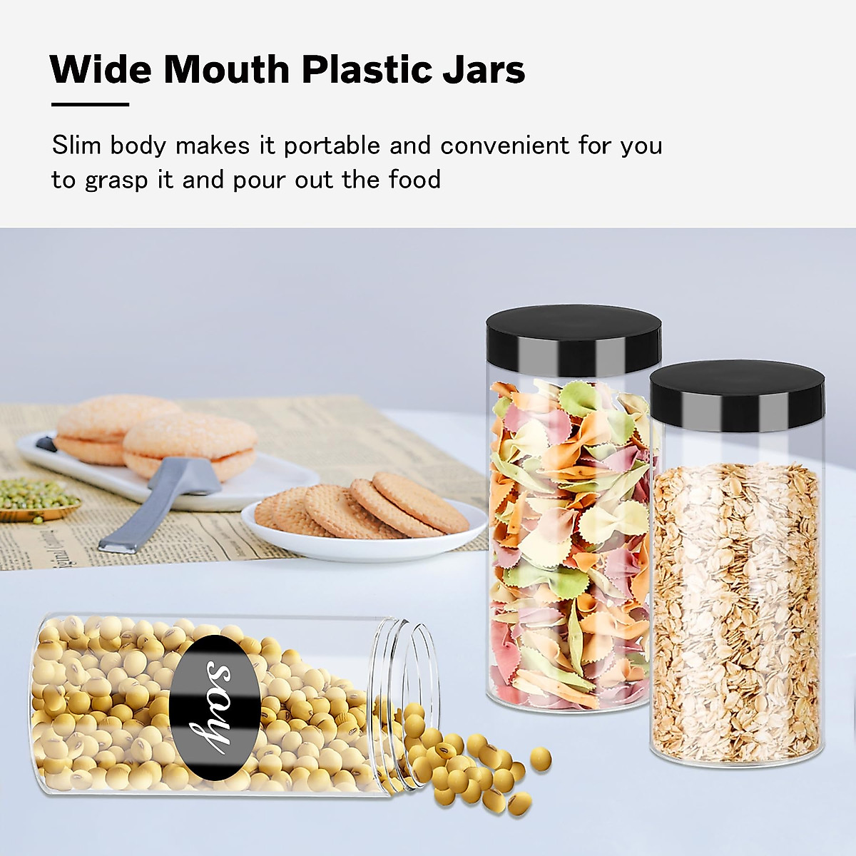 SLifeJars Plastic Jar with Lids 16oz Clear Empty Containers 16Pcs Straight Cylinders Storage Jars with Airtight Black Lid Stackable Refillable Round Plastic Jars for Kitchen Food & Home Storage