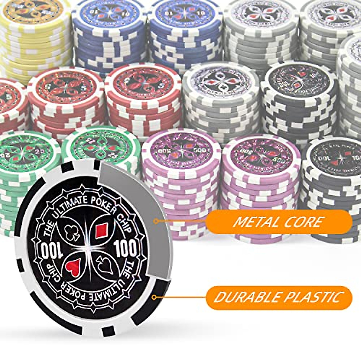 GRANDMA SHARK 500 Piece Poker Chips Set with Aluminum Case, Casino Chips for Blackjack Gambling 2 Decks of Cards, Dealer, Small Blind, Big Blind Buttons and 5 Dice, Texas Holdem Poker Sets with Case