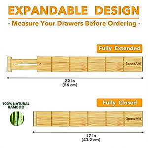 SpaceAid Bamboo Drawer Dividers with Inserts and Labels, 6 Dividers with 12 Inserts (17-22 in), 4 Dividers with 9 Inserts (17-22 in)