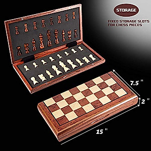 AMEROUS 15'' Magnetic Wooden Chess Set -Folding Board -2 Extra Queens -Chessmen Storage Slots -Gift Package, Travel Chess Board Game Sets for Kids and Adults