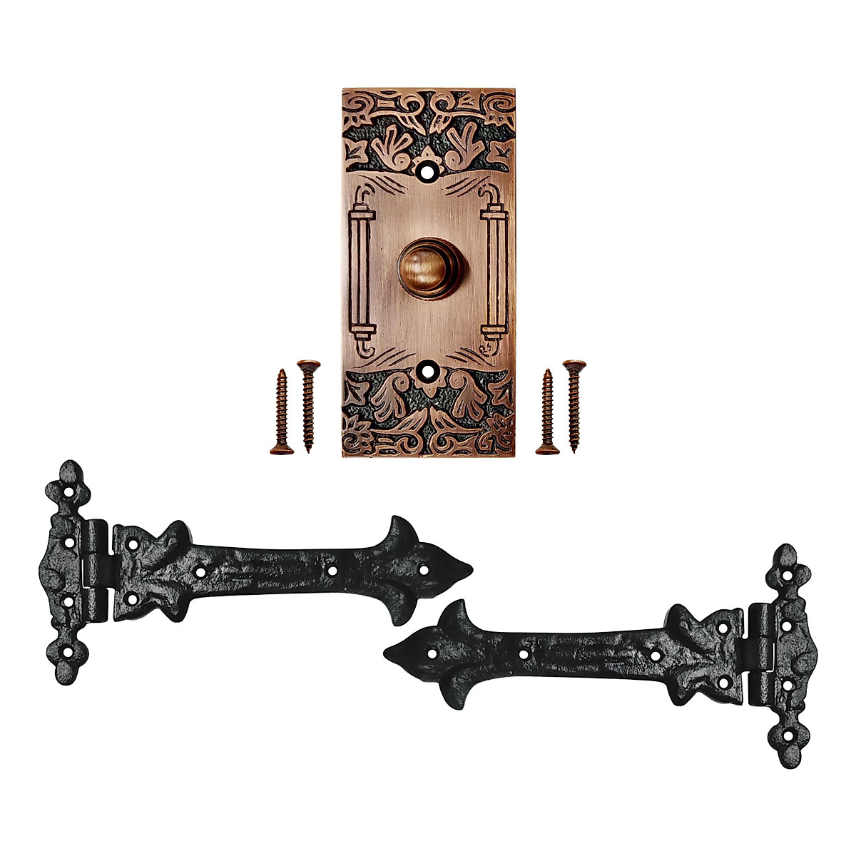 Akatva Doorbell Button with T Hinge Set – 2 Pieces Gate Hinges for Wooden Fences Heavy Duty – Bell Push Button – Doorbell Button Wired – Barn Hinges for Doors – Black Hinges – Antique Copper Finish