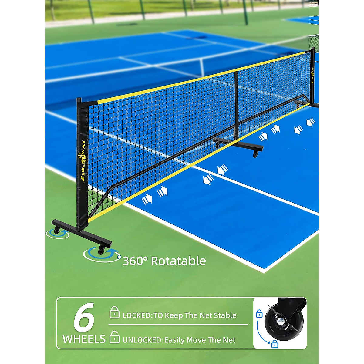 Pickleball Net LIBERRWAY Portable Pickleball Net with Wheels and Carry Bag 22FT Official Regulation Size Pickleball Net for Driveway Outdoor Backyard Metal Frame & Easy Set Up