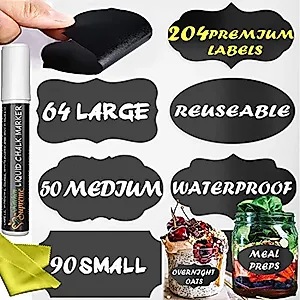 Chalkboard Labels Stickers for Storage Bins - PREMIUM 204 Sticker Bundle + Chalk Marker & Cleaning Cloth - Decorate your Bins, Container or Mason Jars in Style with Removable Tags for Kitchen & Office