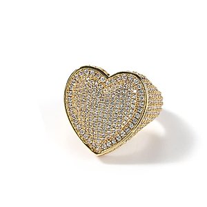 Lulu Mel Iced out Jewelry heart shape party ring，14k gold plating CZ micro setting shiny INS style bling rose gold big size heart ring for men women (Gold, 8)