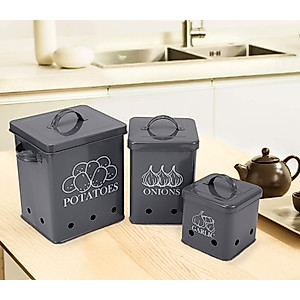 Xbopetda Food Storage Container for Potato, Onion and Garlic, Canister Sets for Kitchen Counter, Square Vegeatable Storage Pots, Kitchen Storage Jars with Aerating Tin Storage Holes & Lid-Gray