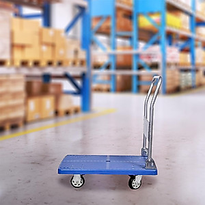 Restaurantware RW Clean 31.5 x 20.9 x 32.7 Inch Platform Cart 1 Small Flat Hand Cart - 660-Pound Capacity Foldable Handle Blue Plastic Flatbed Dolly Cart Heavy-Duty For Warehouses or Homes