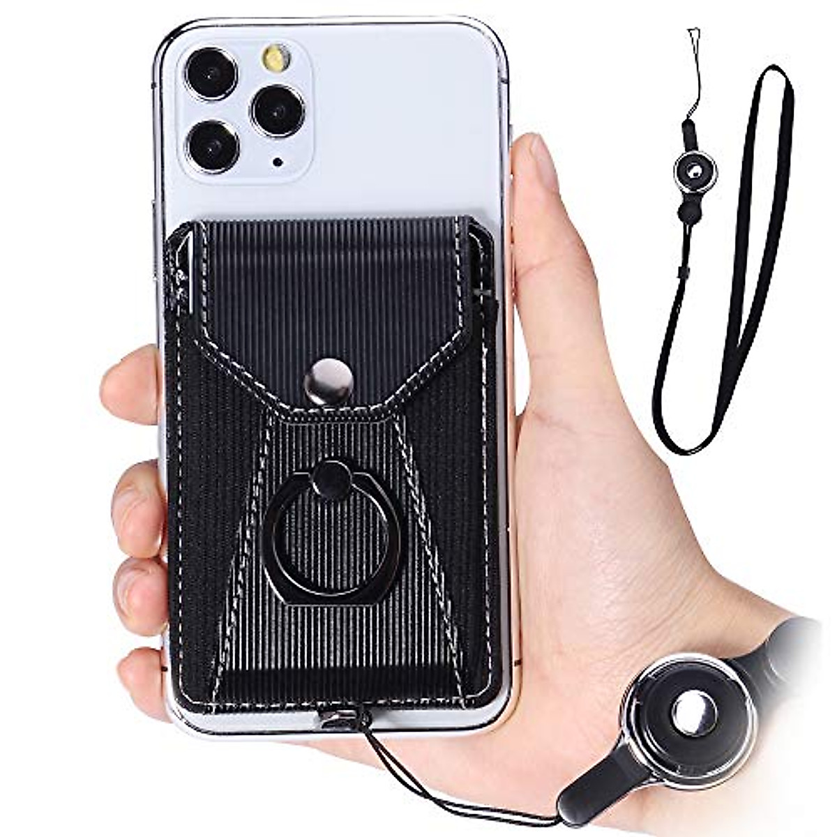 YUNCE Cell Phone Card Holder,Card Holder for Back of Cell Phone with Ring Grip Stand,Adhesive Stick-on Credit Card Wallet Pocket with Detachable Neck Strap Black
