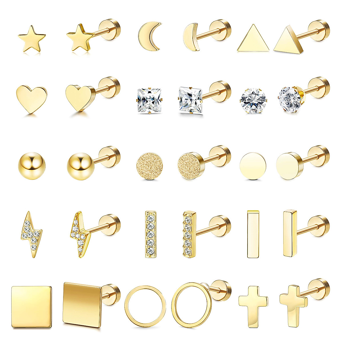 ORAZIO 15 Pairs Tiny Cartilage Stud Earrings Star Moon Circle Bar Heart Trague Stud Earrings Set for Women Flat Back Cross CZ Earrings Stainless Steel Ear Piercing Set