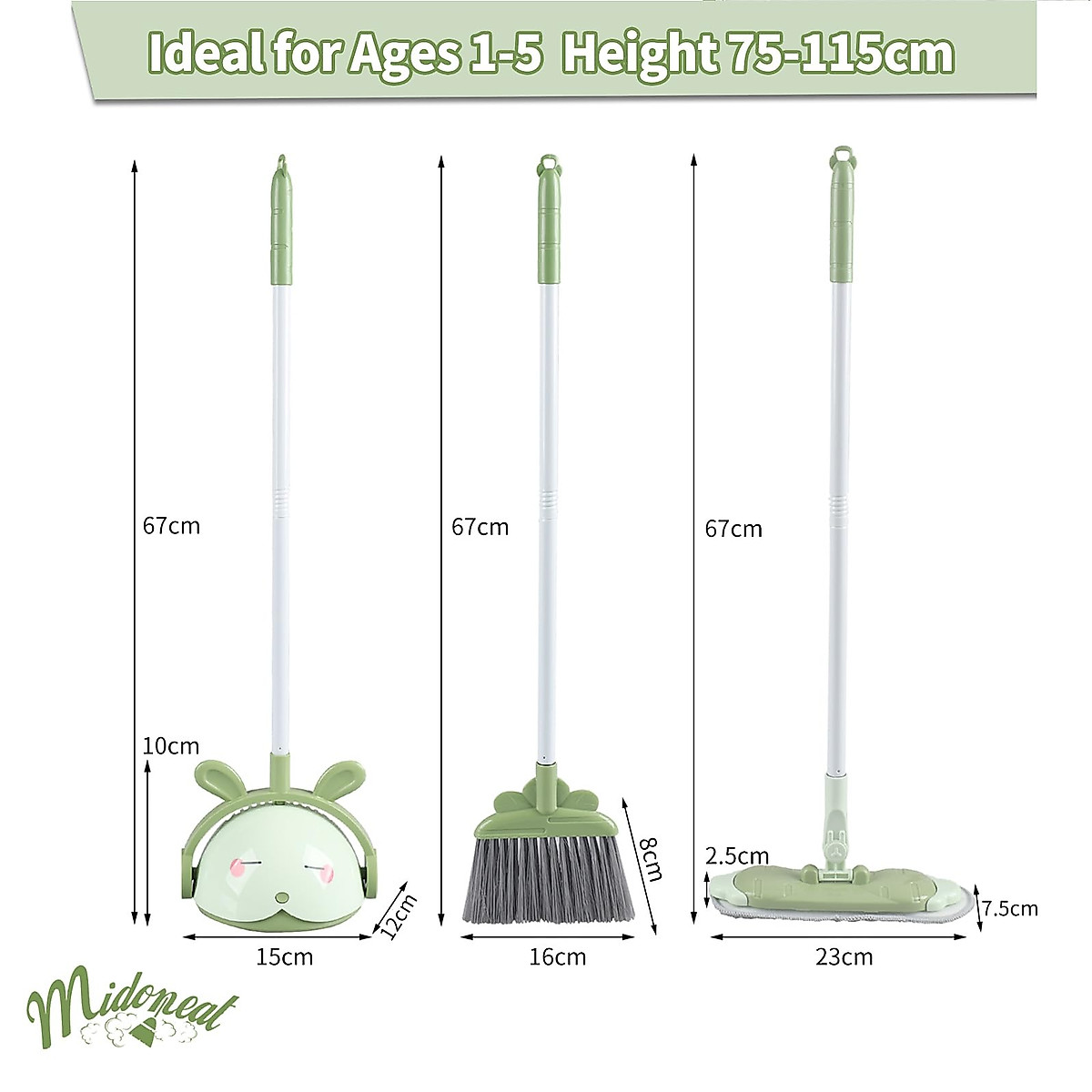 Midoneat Kids Cleaning Toy Set, Mini Child Broom, Mop and Dustpan, Little Housekeeping Helper Set,Pretend Home Cleaning Play Set for Toddler Age 1-5,6pcs (Green)