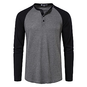 MUSE FATH Men’s Waffle Authentics Long Sleeve Henley Shirt Casual Button Placket T-Shirt-Dark Grey-L